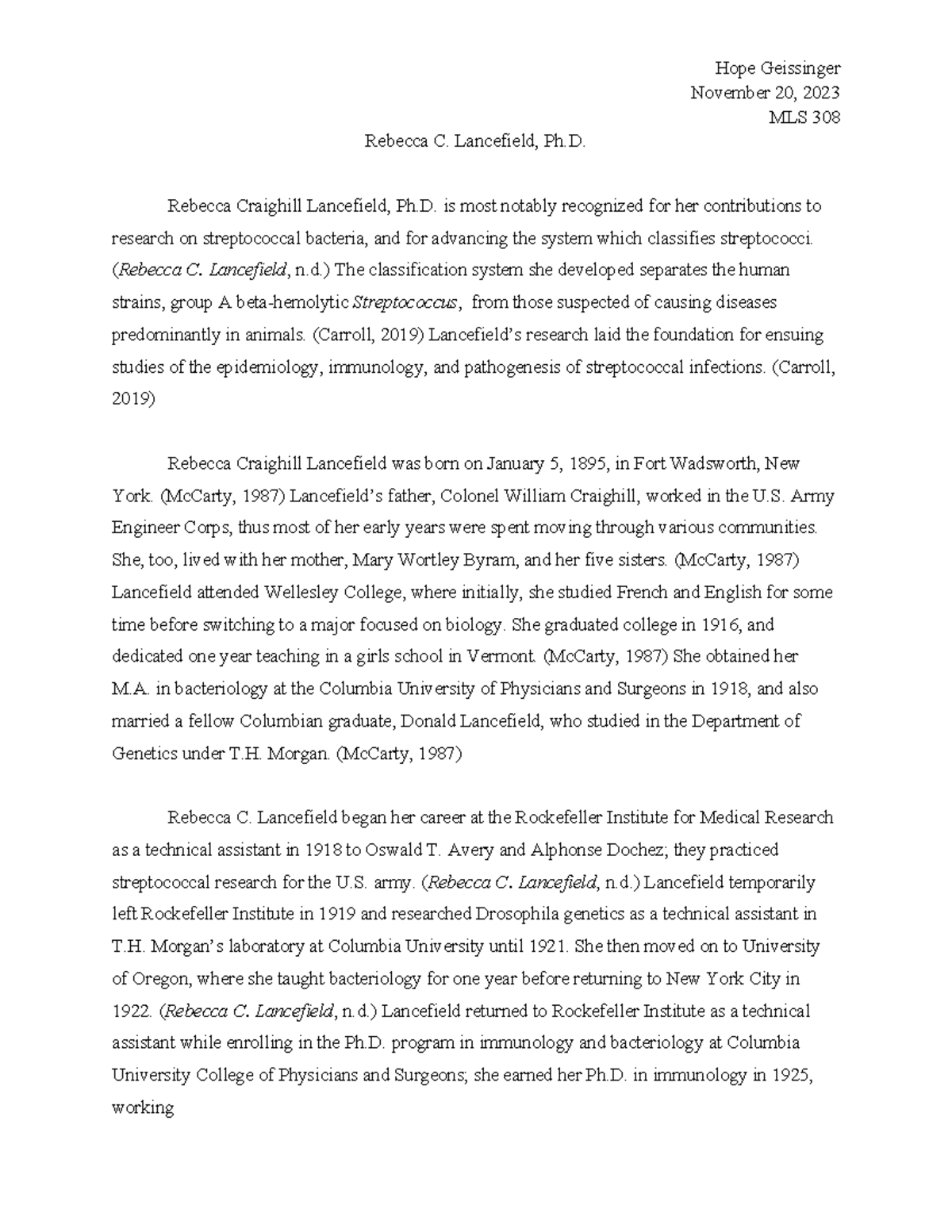 Writing primer C - November 20, 2023 MLS 308 Rebecca C. Lancefield, Ph ...