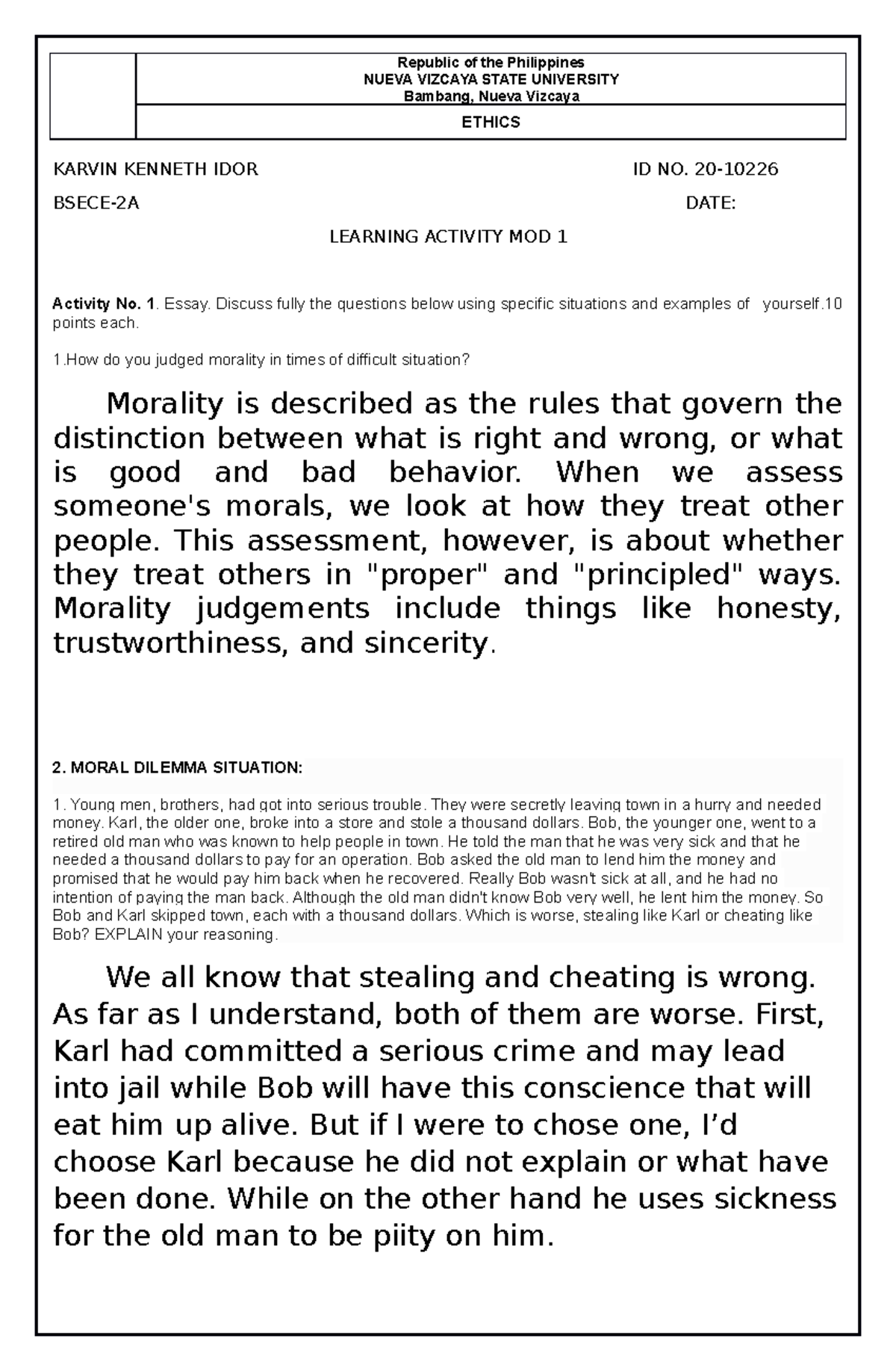 MOD 1, IDOR Karvin Kenneth BS ECE 2A - Bambang, Nueva Vizcaya ETHICS ...