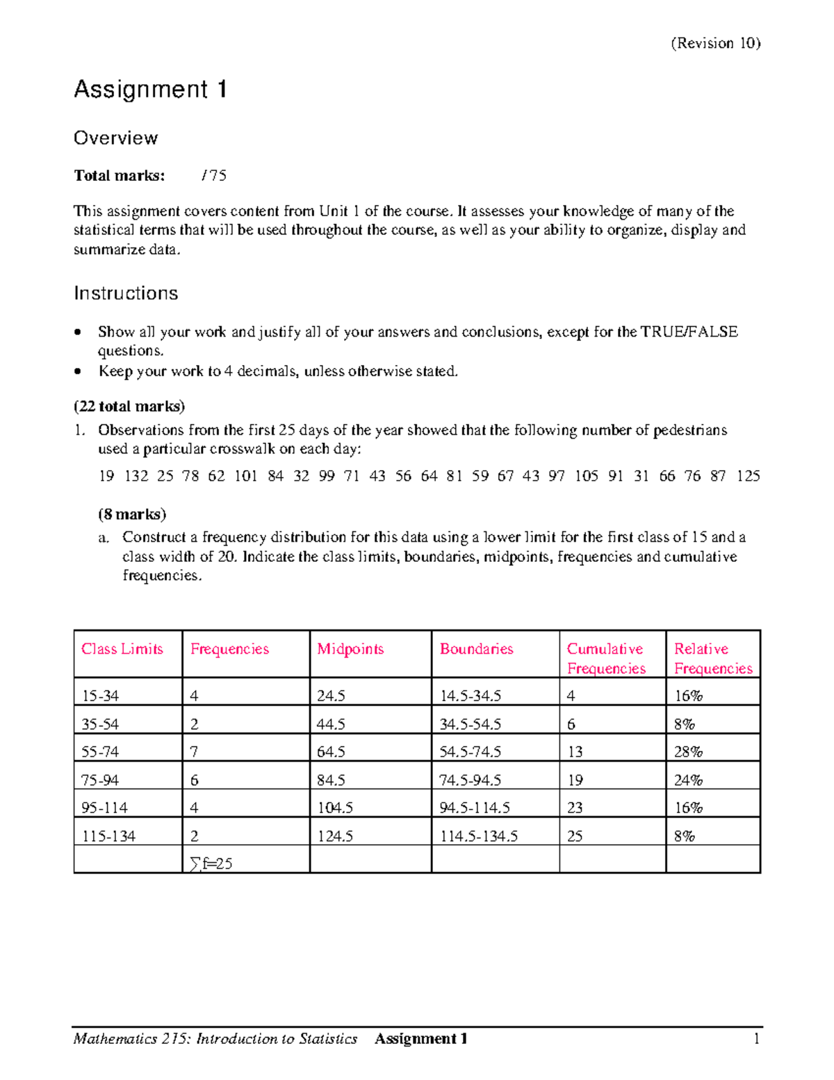 Assignment 1 - (Revision 10) Assignment 1 Overview Total marks: / 75 ...