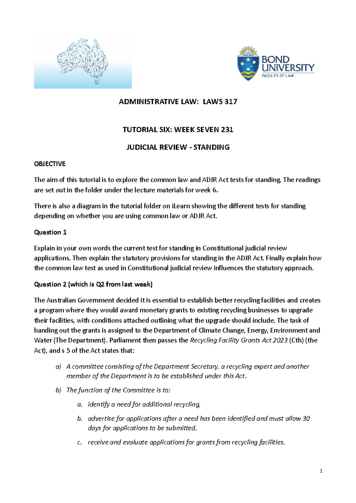 231 Tutorial 6 Wk 7 Standing - ADMINISTRATIVE LAW: LAWS 317 TUTORIAL ...