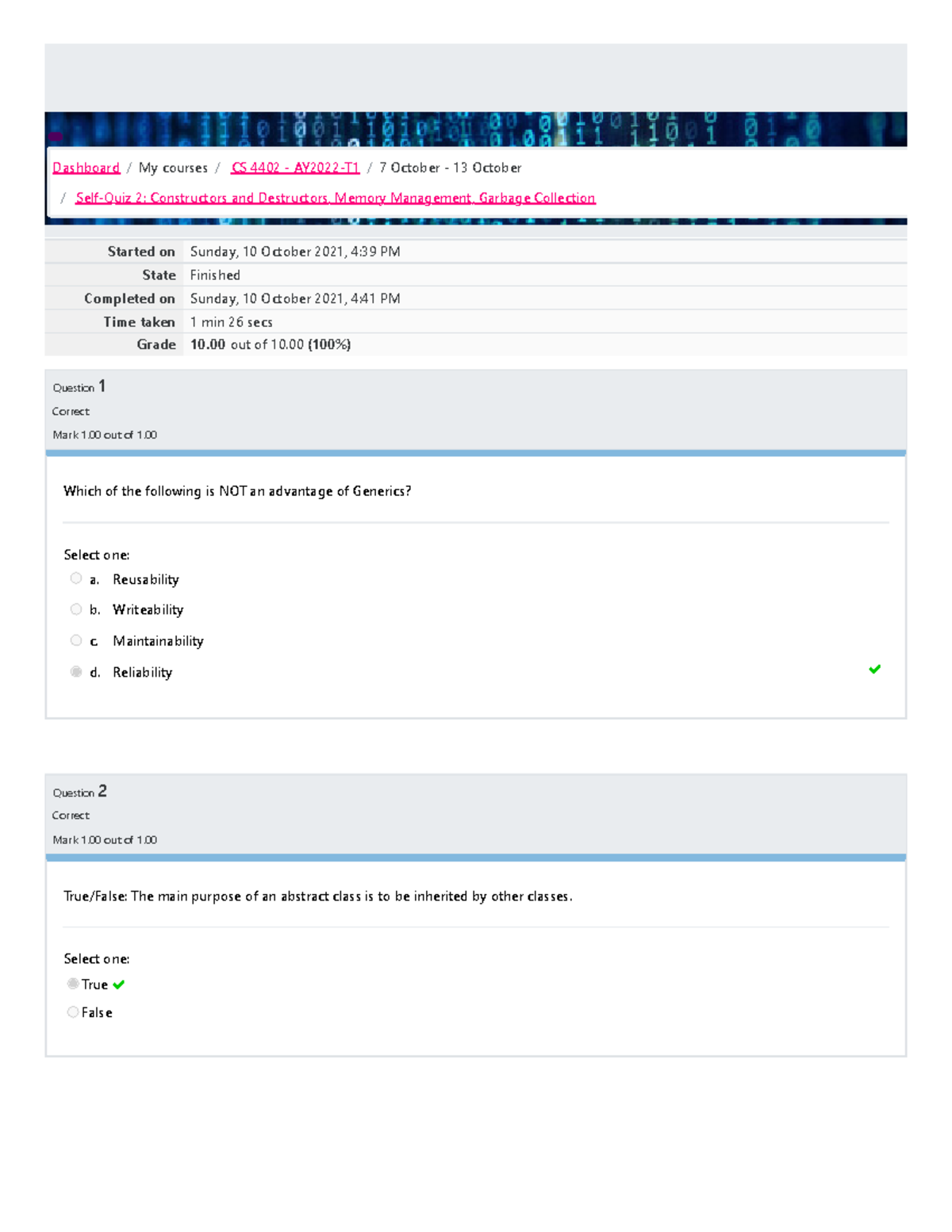 Self-Quiz 2 Constructors and Destructors, Memory Management, Garbage ...