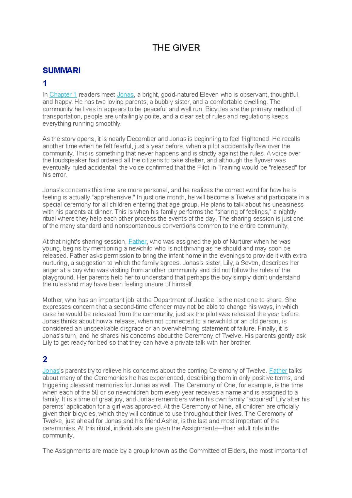 Resumen THE Giver, resum, personatges, fets més importants, ... - THE ...