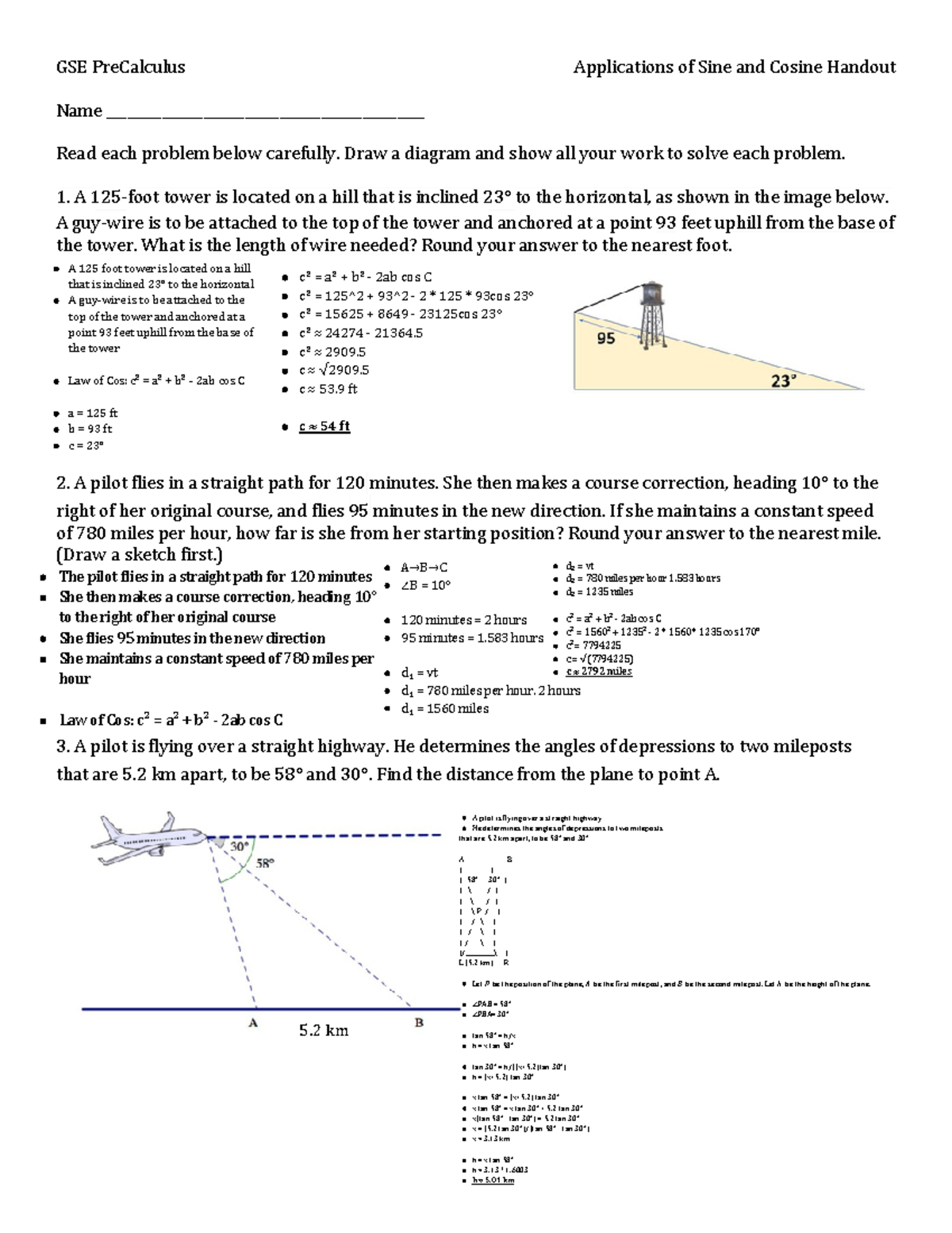 Applications of Sine and Cosine Assignment - GSE PreCalculus Name - Studocu