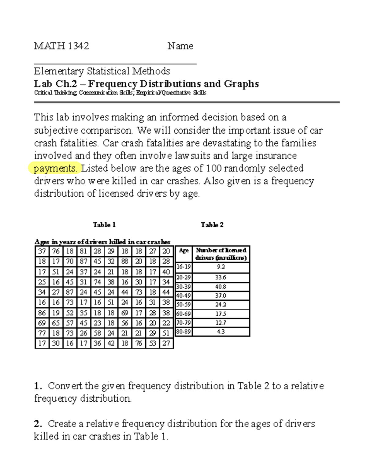 Math Lab Number One - MATH 1342 Name ______________________________ Elementary Statistical ...