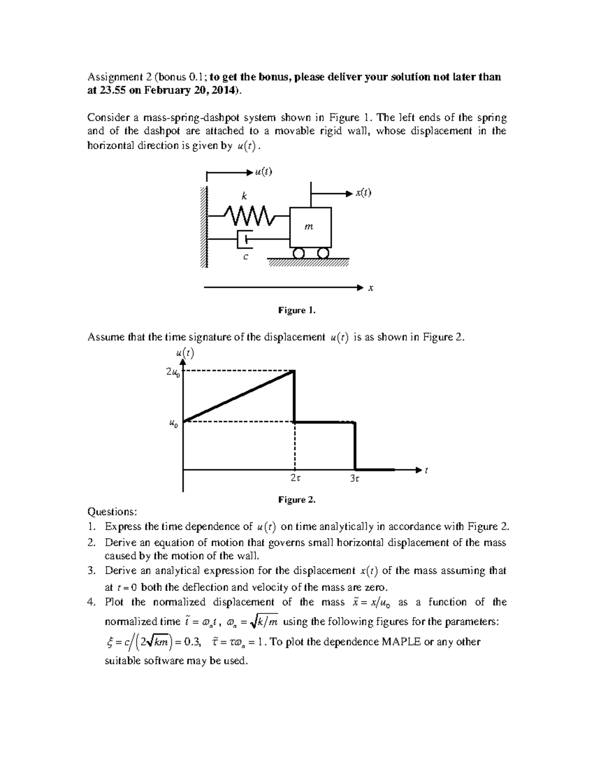 Assignment 2 Structural Dynamics - ut( ) t 2 τ u 0 3 τ 2 u 0 Assignment 2 (bonus 0; to get the ...