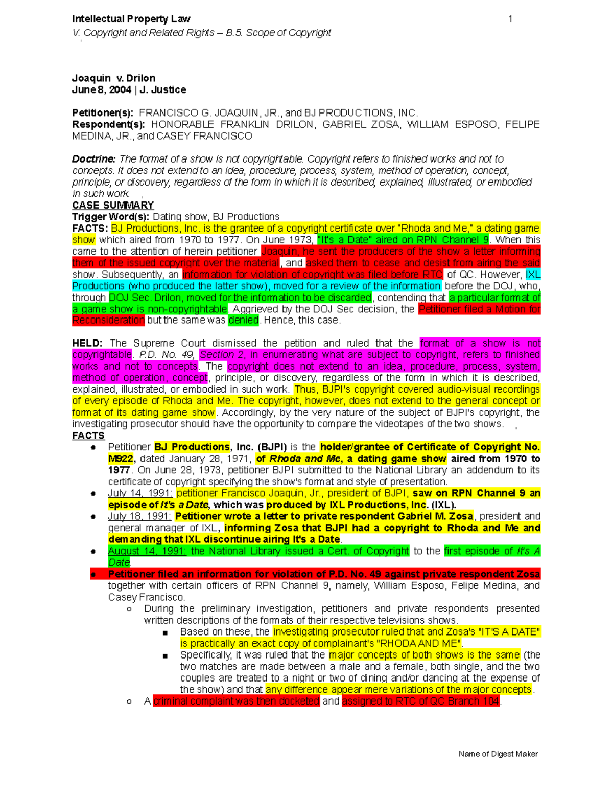 10 Joaquin v. Drilon - V. Copyright and Related Rights – B. Scope of ...
