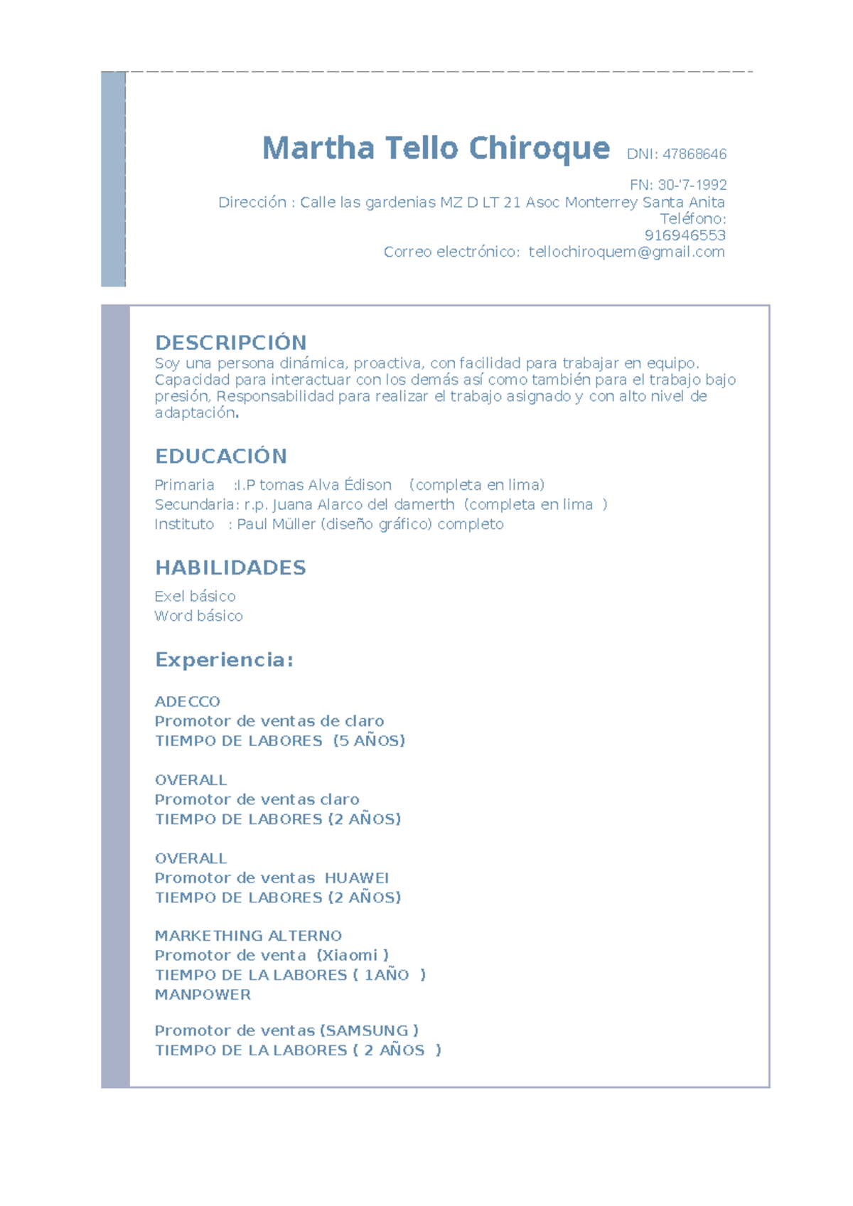 Martha Tello CV - es el trabajo de cv - Martha Tello Chiroque DNI ...