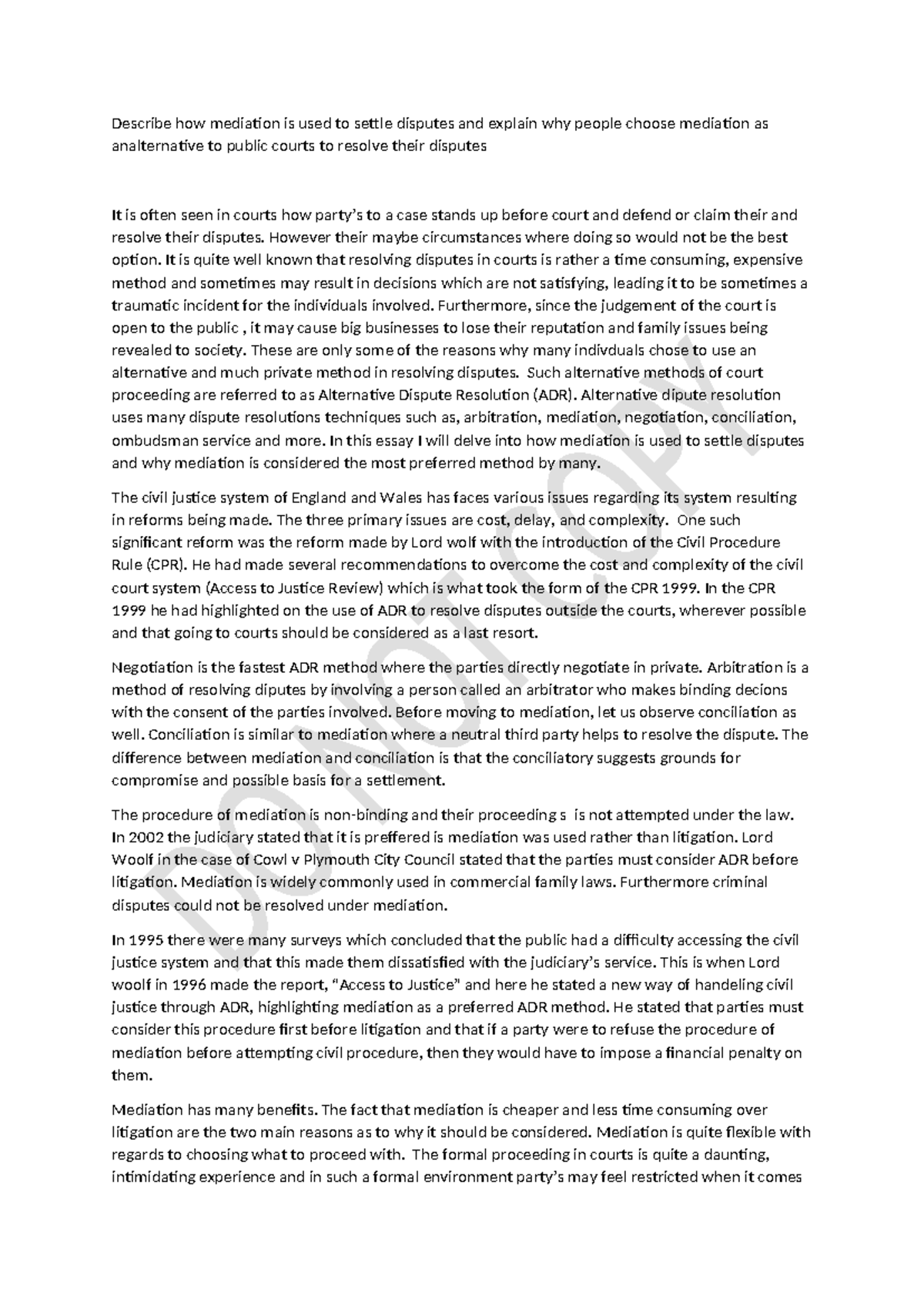 Mediation essay - Describe how mediation is used to settle disputes and ...