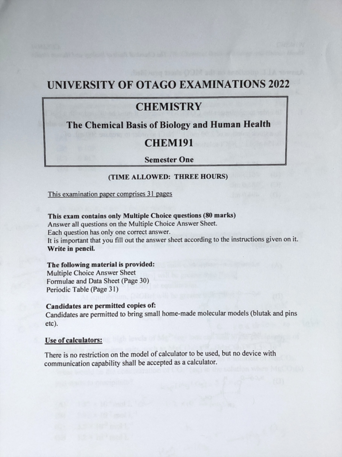 CHEM191. 1-10 - 2022 exam questions 1 to 10 - The Chemical Basis of ...