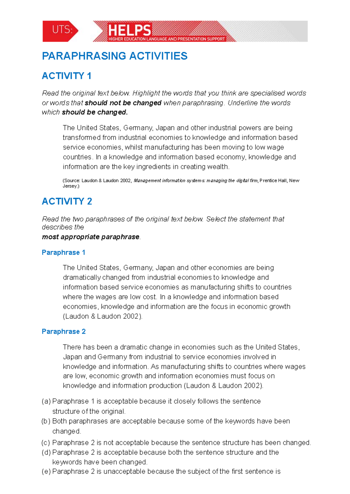2. Paraphrasing Handout - PARAPHRASING ACTIVITIES ACTIVITY 1 Read the ...