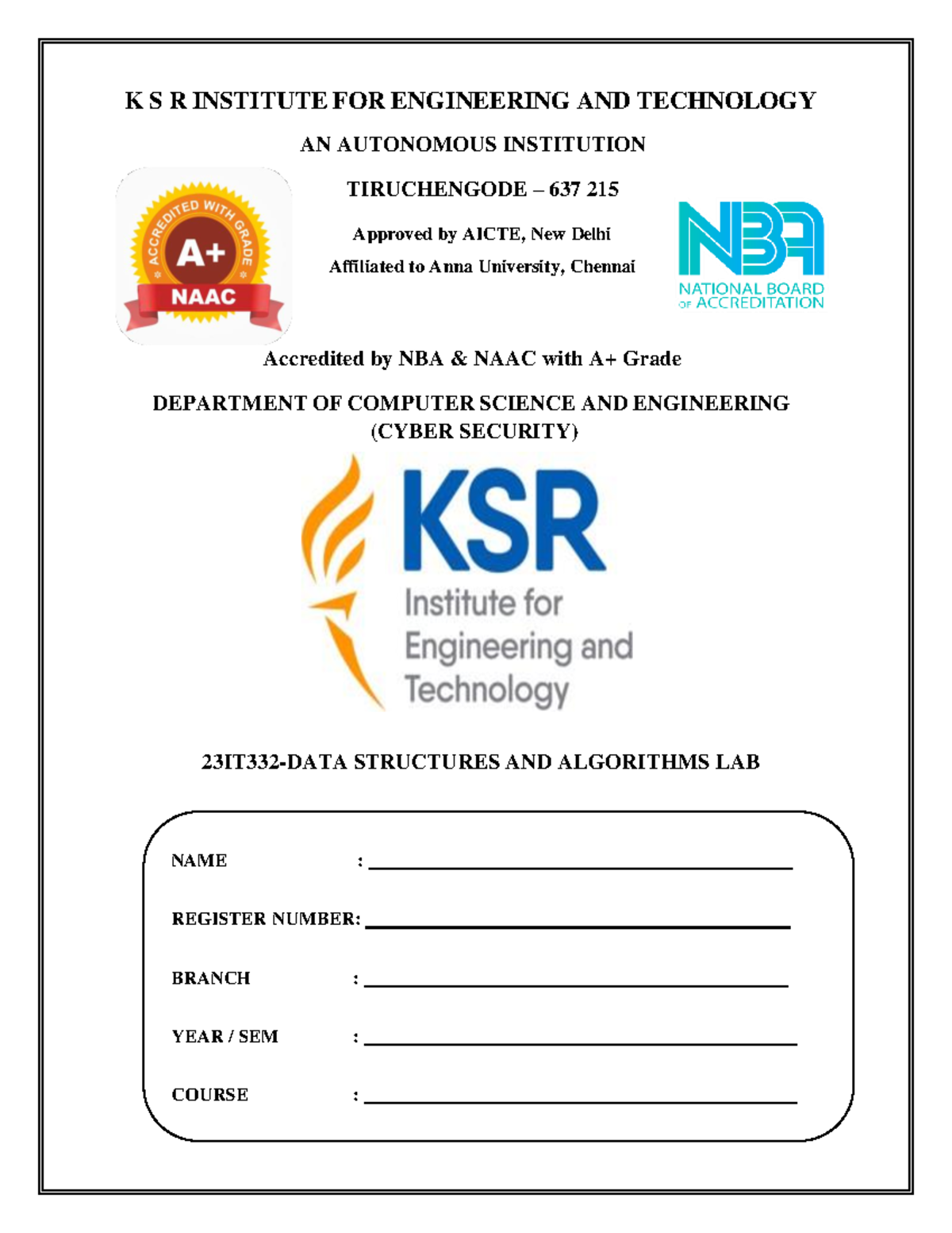 23IT332-DSA LAB Manual Final CSE-CS - K S R INSTITUTE FOR ENGINEERING AND TECHNOLOGY AN ...