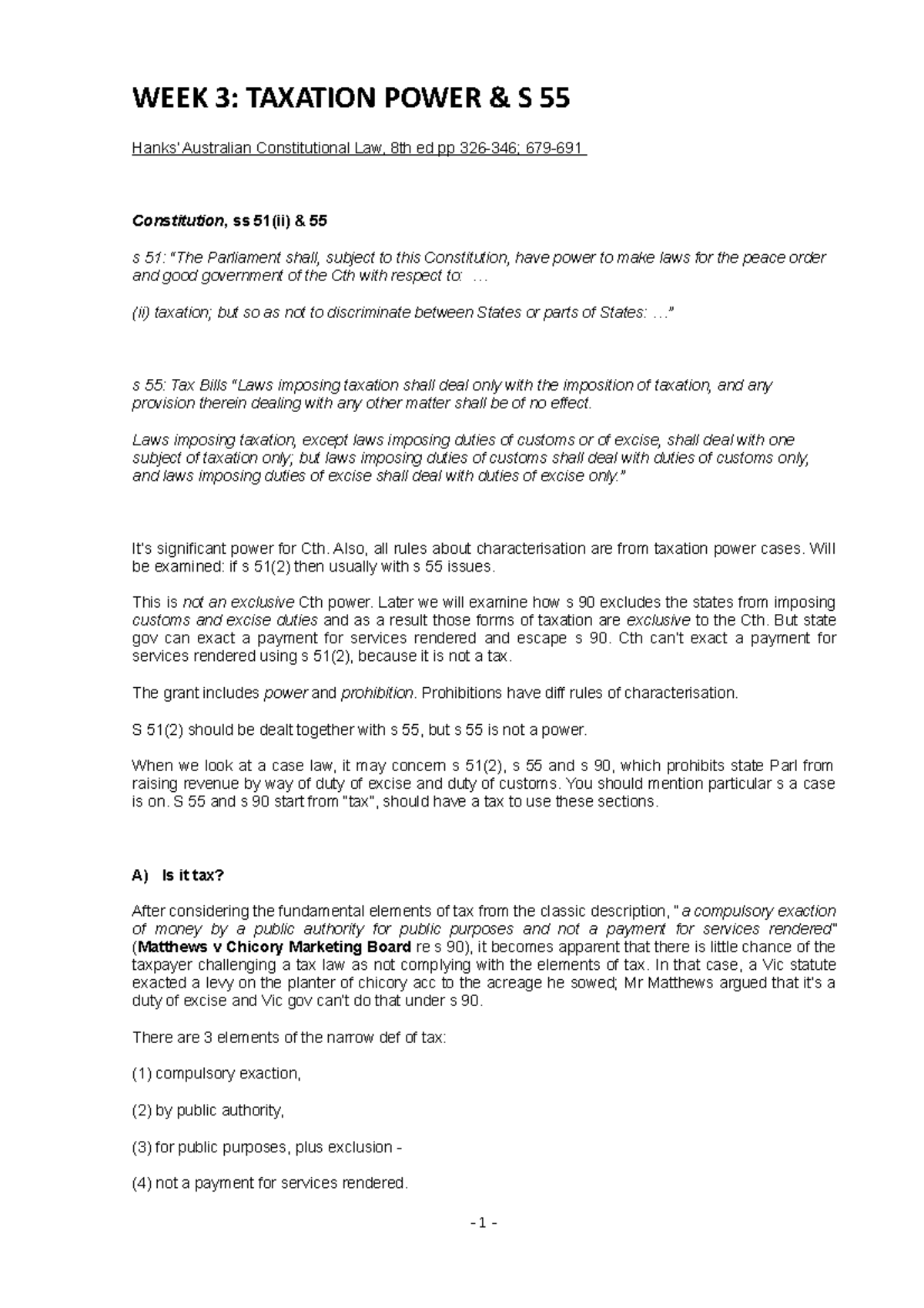 WEEK 3 Taxation Power - materials - WEEK 3: TAXATION POWER & S 55 Hanks ...