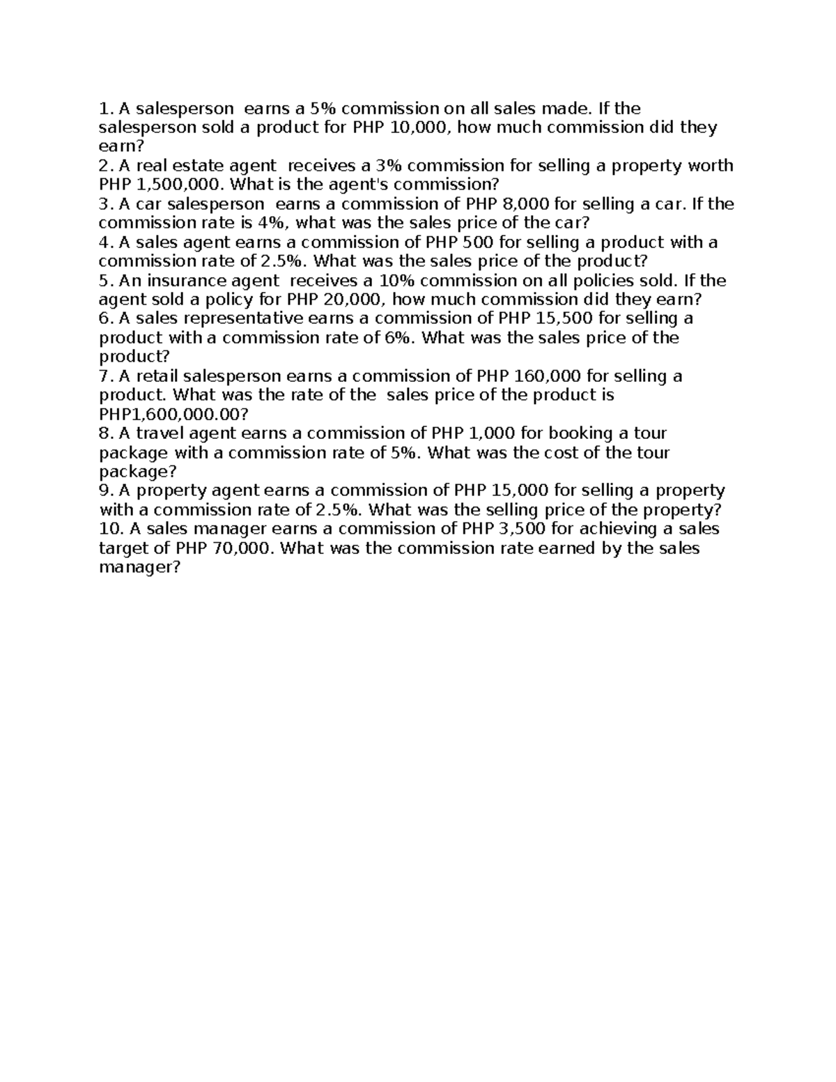 ABM Problem Solving - A salesperson earns a 5% commission on all sales ...