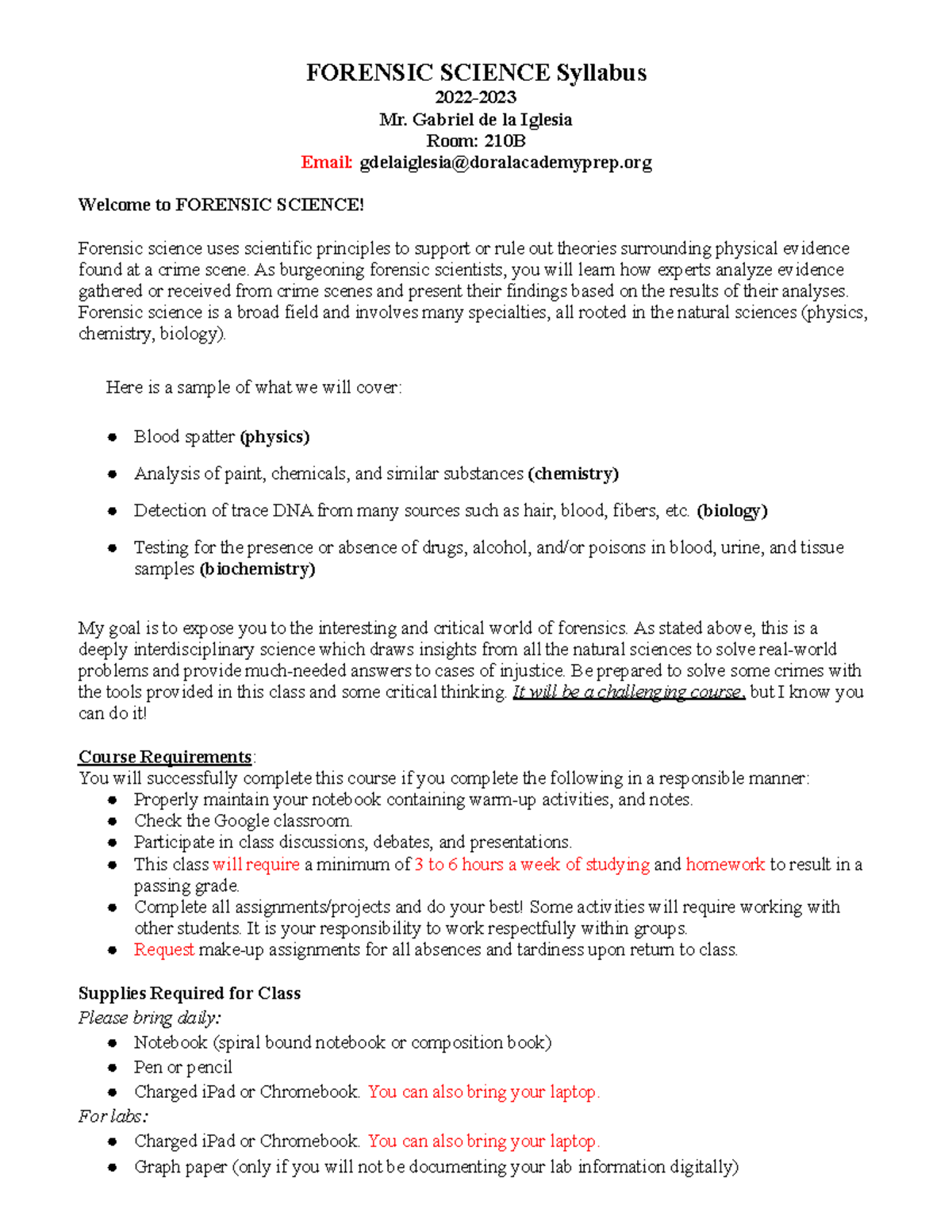 2022-2023 Forensic Science Class Syllabus 4 - FORENSIC SCIENCE Syllabus ...