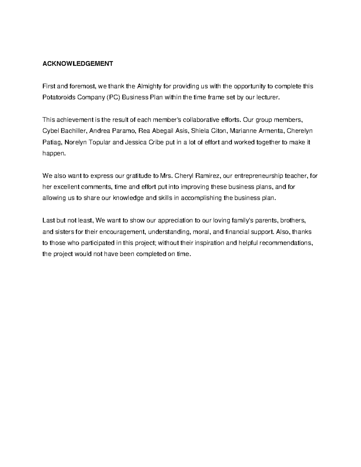 Business Plan - This achievement is the result of each member's ...