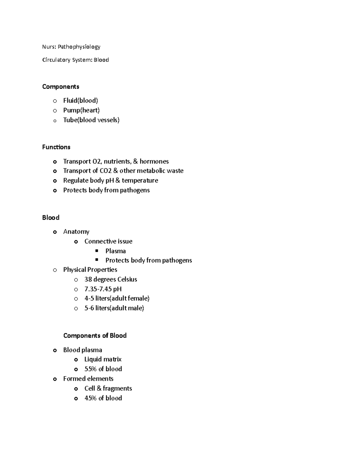 Nurs Circulatory System Blood class notes - Nurs: Pathophysiology ...