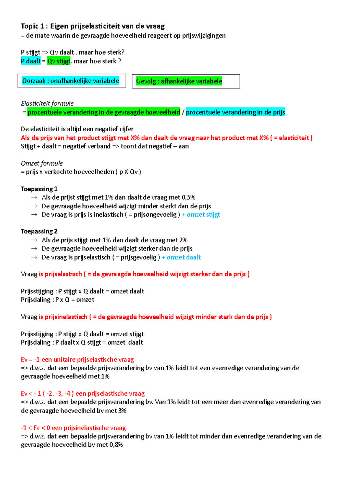 ECO Topic 1 elasticiteit - Topic 1 : Eigen prijselasticiteit van de ...