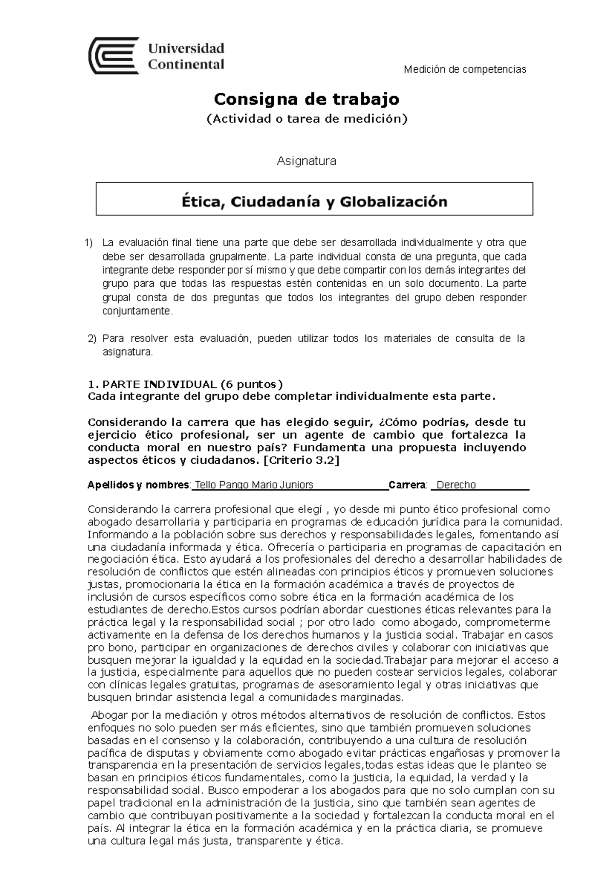 Consigna - para guiarse - Medición de competencias Consigna de trabajo (Actividad o tarea de ...