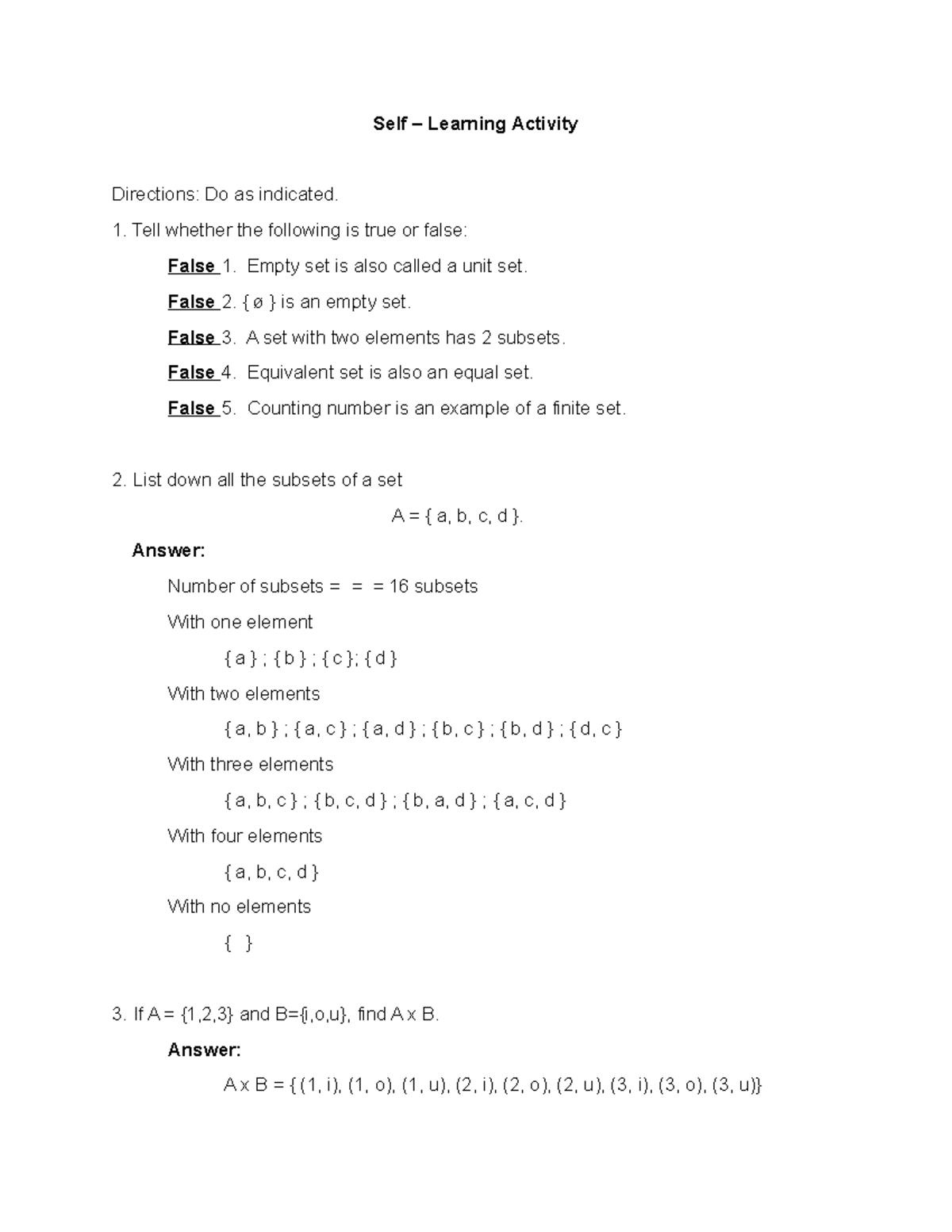 MMW SELF Learning Activity PAGE 59-60 - Self – Learning Activity Directions: Do as indicated ...