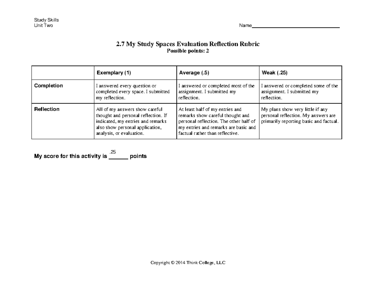 7th grade math vfc - Study Skills Unit Two Name 2 My Study Spaces ...