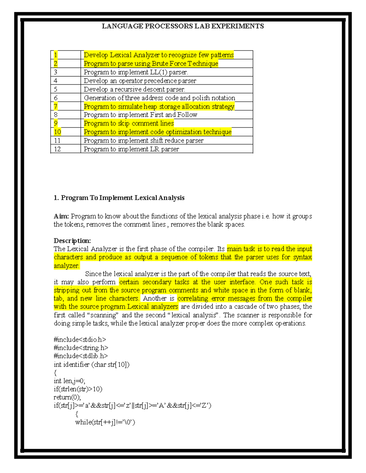 Cd lab manual - contains lab questions - LANGUAGE PROCESSORS LAB ...