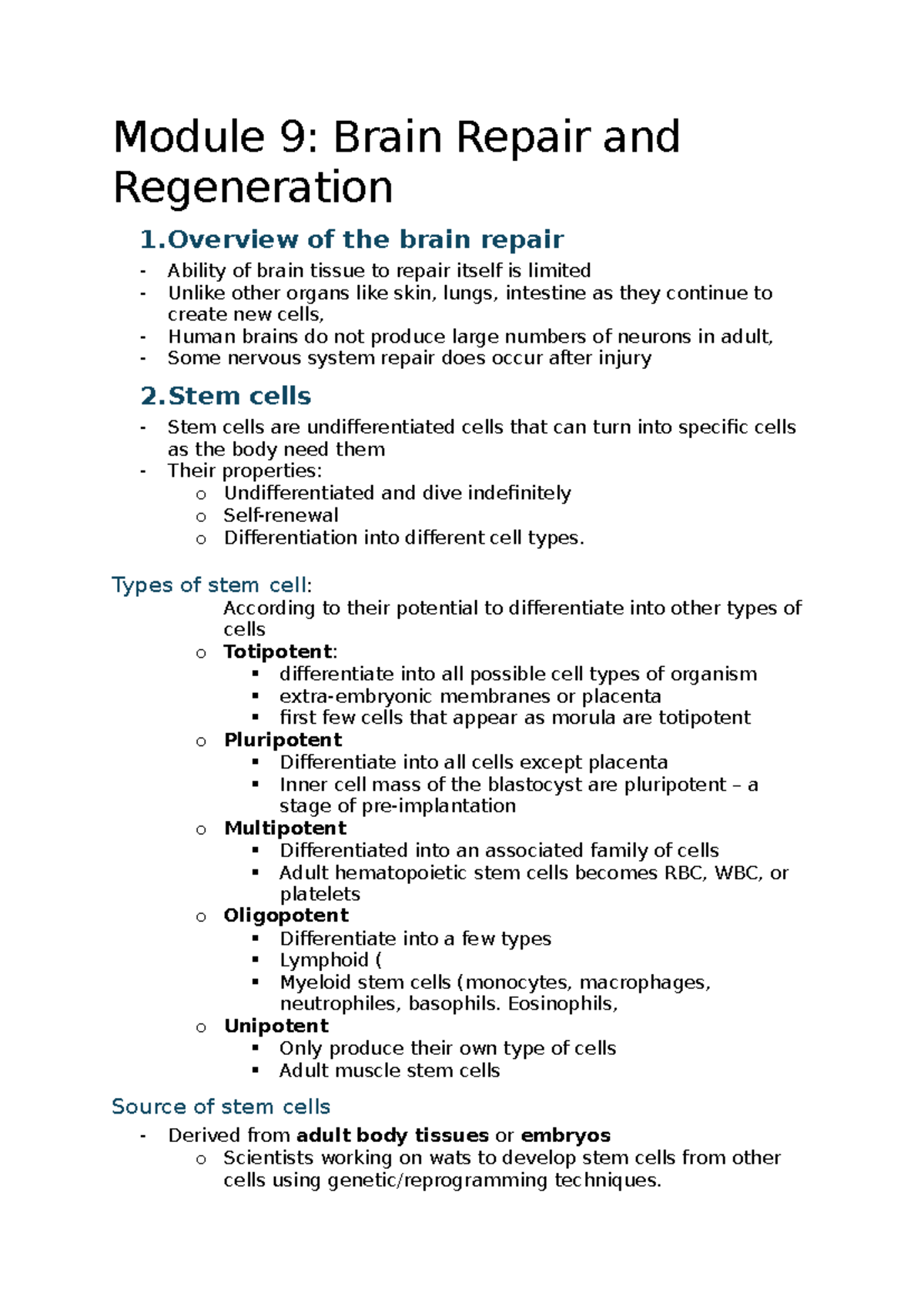Module 9 brain neurogenesis - Module 9: Brain Repair and Regeneration 1 ...