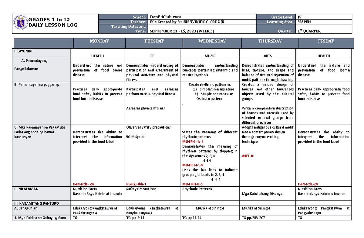 DLL Mapeh 4 Q1 W3 - Daily Lesson Log - GRADES 1 to 12 DAILY LESSON LOG School: DepEdClub Grade ...
