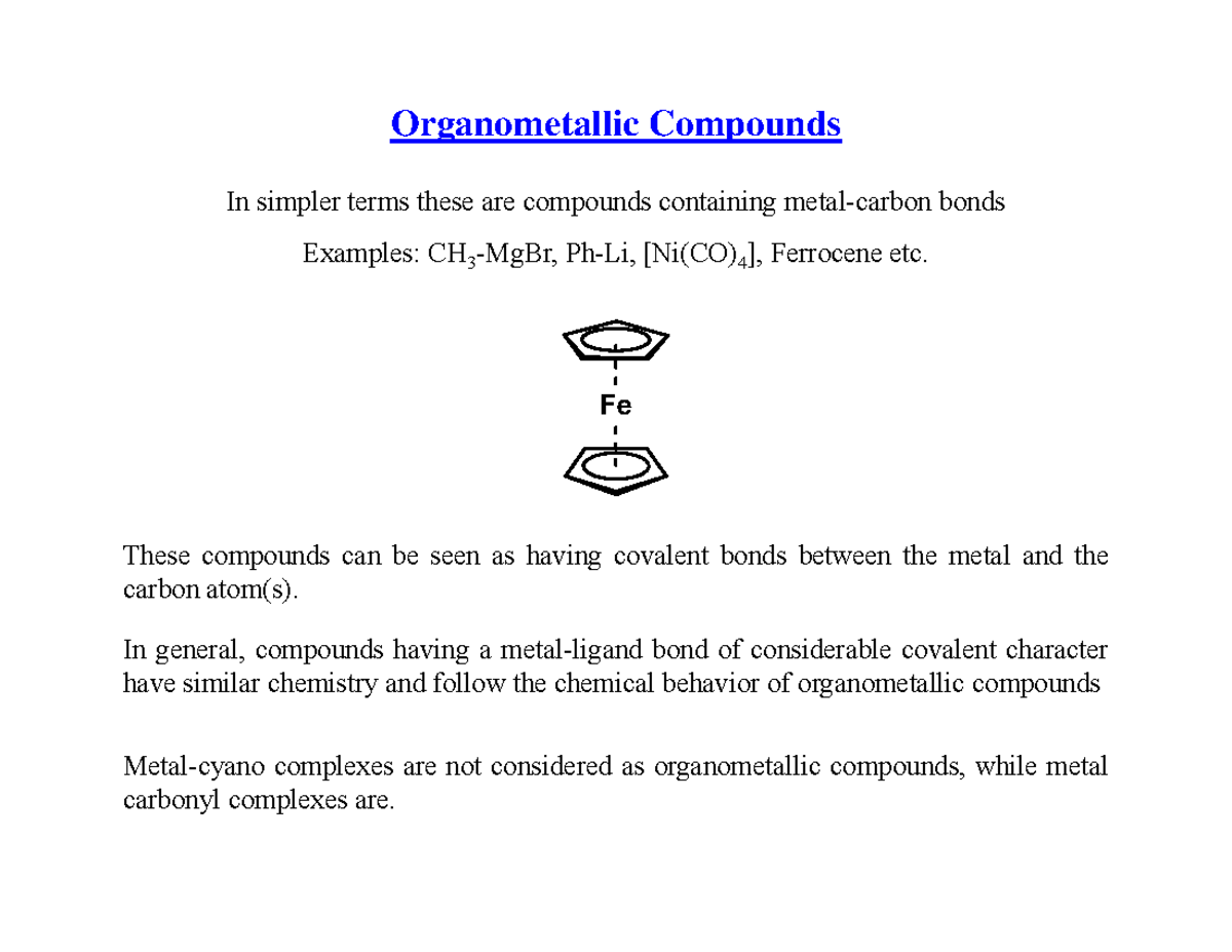 Lec6 - course - Organometallic Compounds In simpler terms these are ...