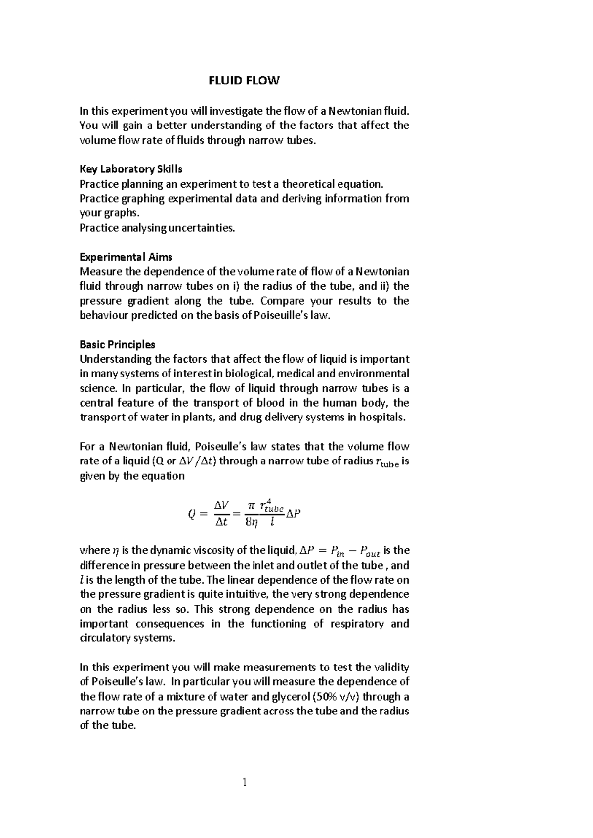Lab Guide Fluids Lab - 1 FLUID FLOW In this experiment you will ...