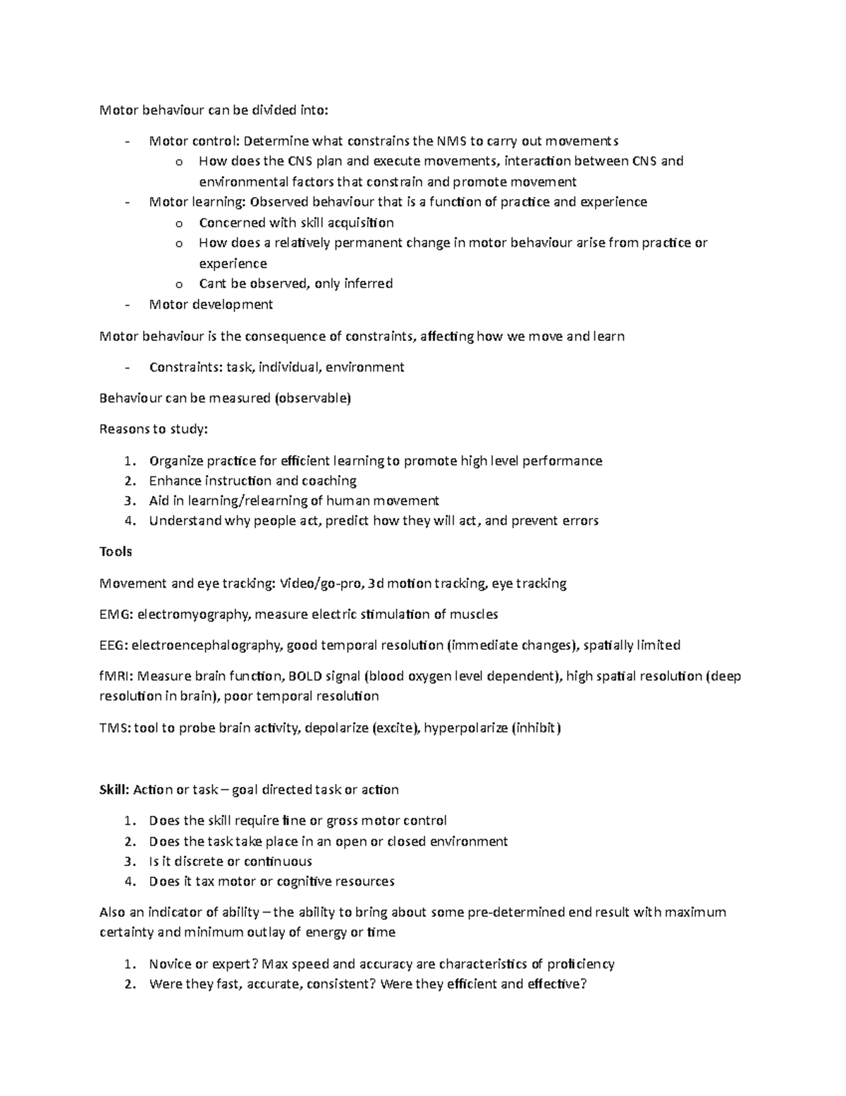 human motor behavior midterm 1 study notes - Motor behaviour can be ...