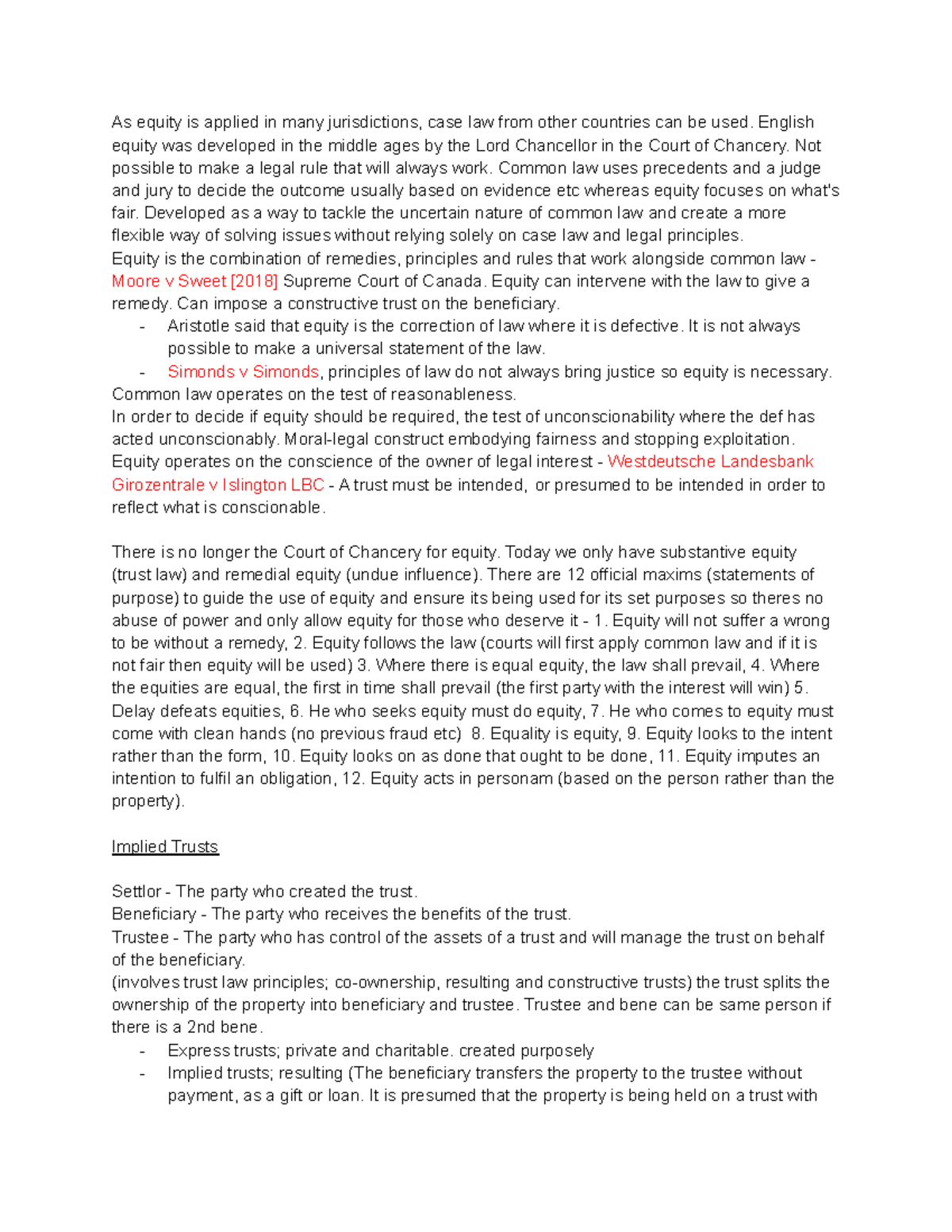 Equity and Trusts - Lecture notes 1-13 - As equity is applied in many ...