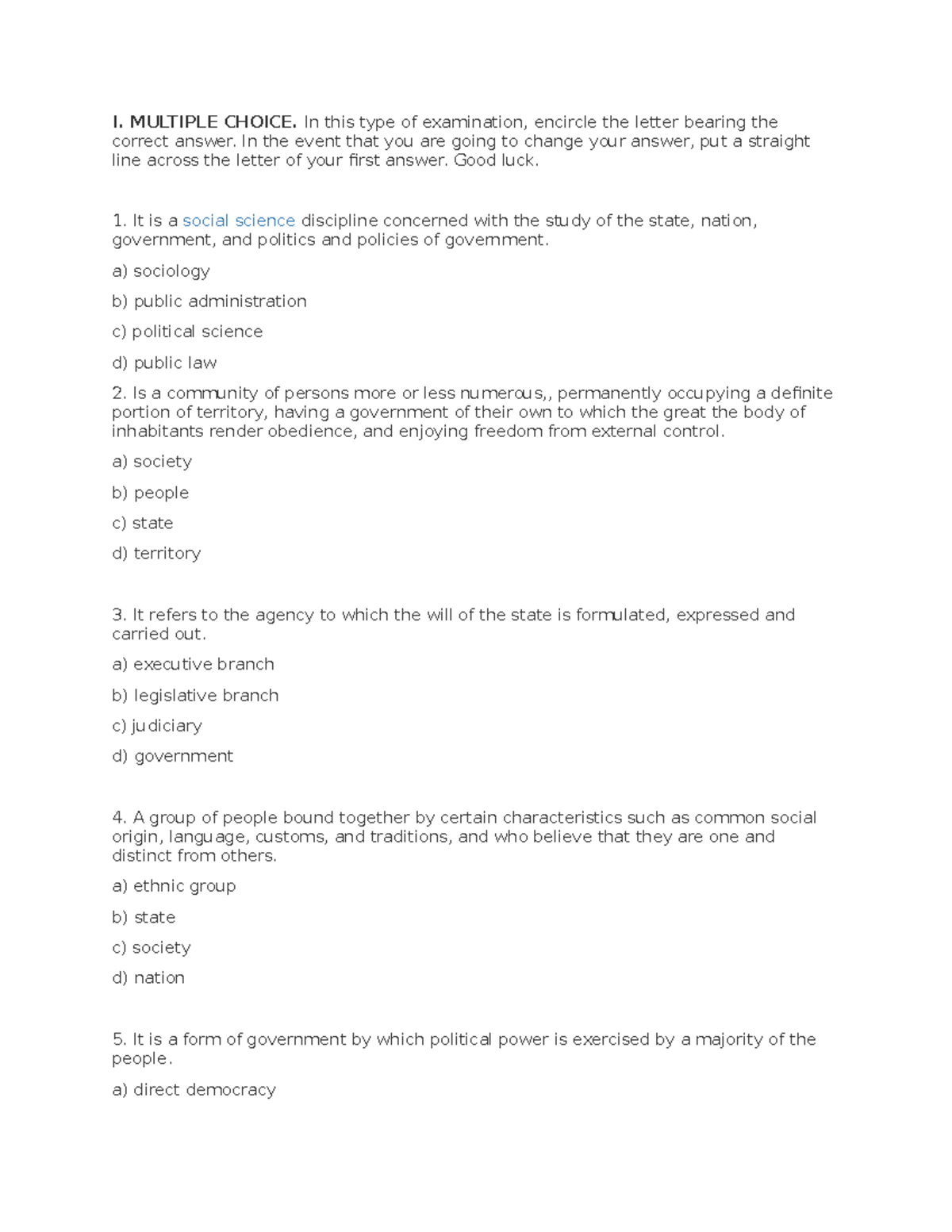 Politics Midterm - I. MULTIPLE CHOICE. In this type of examination ...