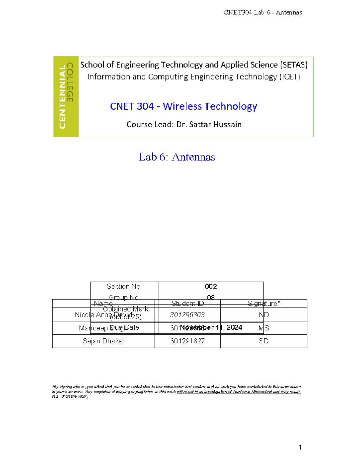 CNET304 Lab 6 Antennas - hiiiii - Lab 6: Antennas Name Student ID ...