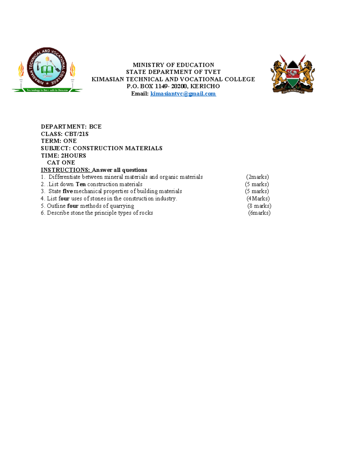 CATS Silas - STATE DEPARTMENT OF TVET KIMASIAN TECHNICAL AND VOCATIONAL ...