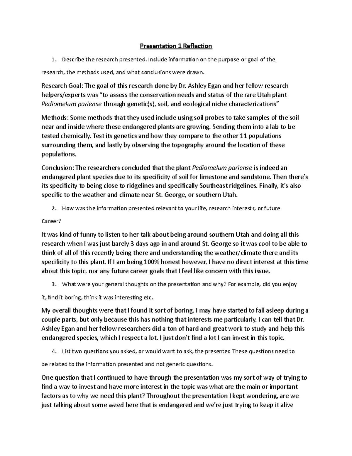 Presentation Reflection 1 - Presentation 1 Reflection Describe the ...