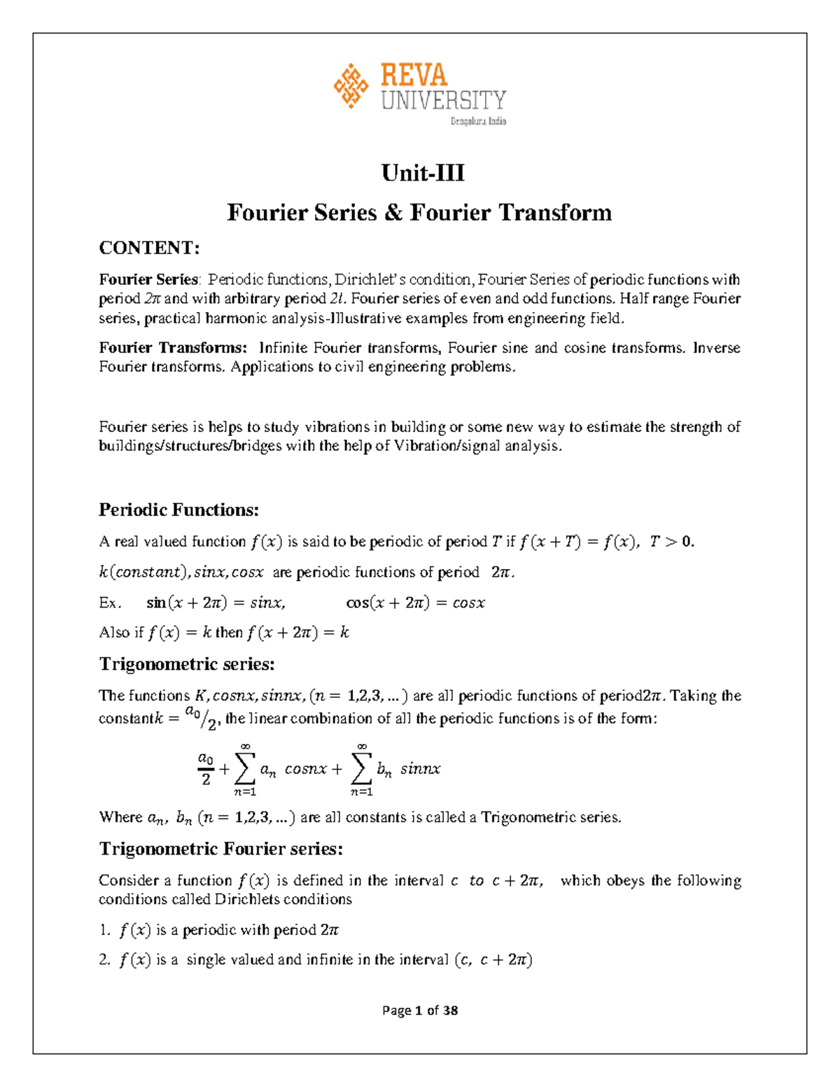 Unit-III-Fourier series and transforms - Unit-III Fourier Series & Fourier Transform CONTENT ...