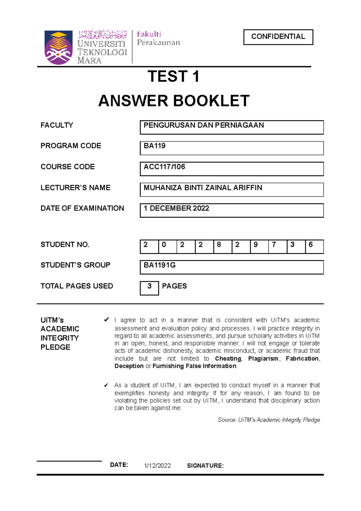 TEST Answer Scripts Front PAGE - TEST 1 ANSWER BOOKLET FACULTY ...