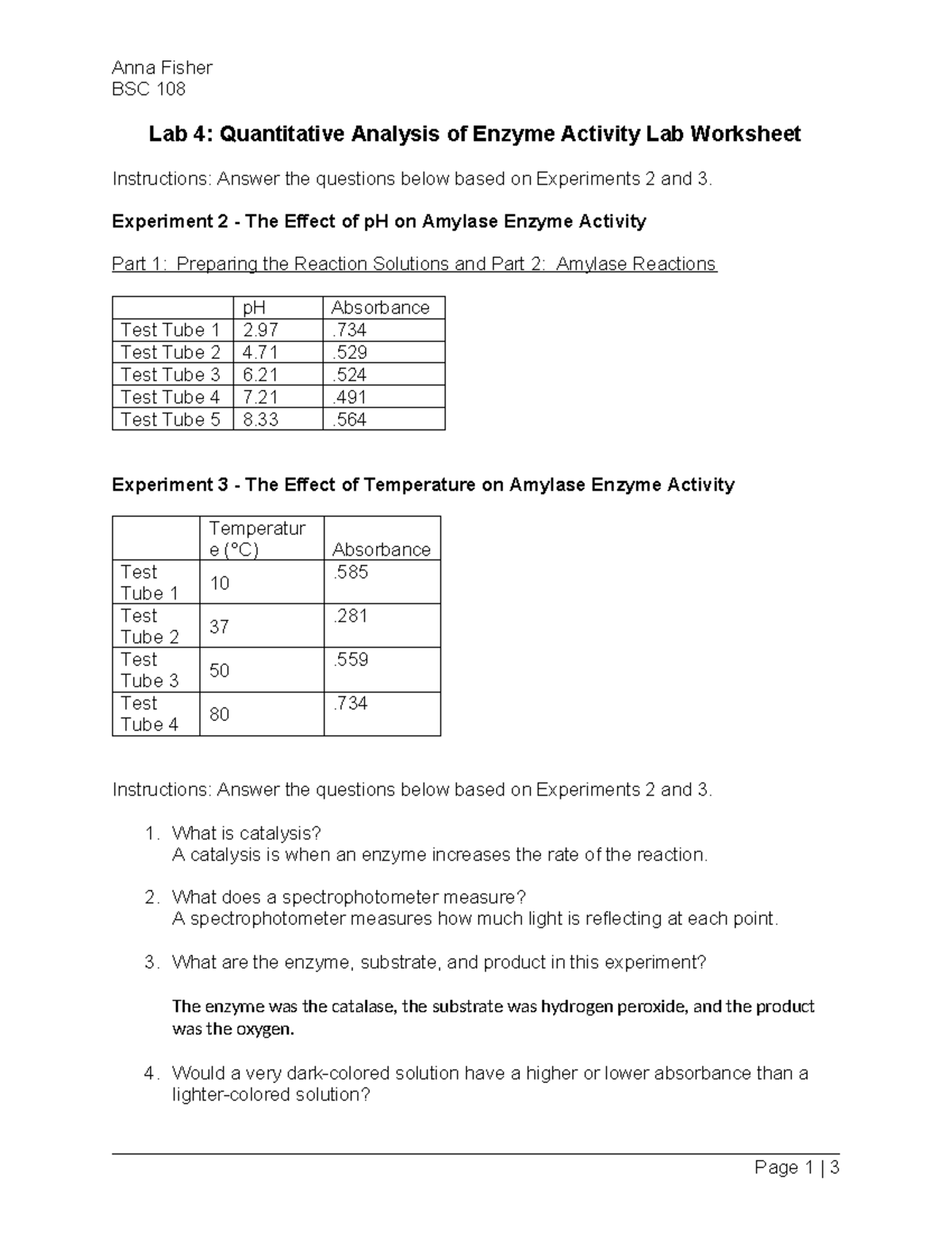 Lab 4 Enzyme Worksheet - Lab 4 for bsc 108 - Anna Fisher BSC 108 Lab 4 ...