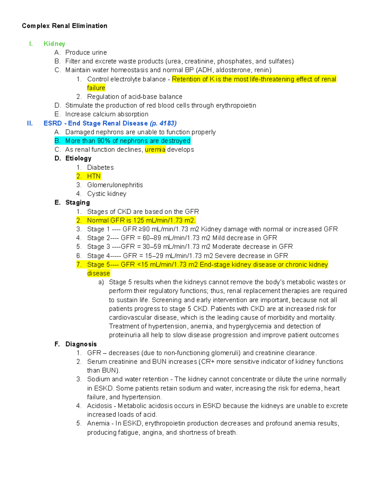 NSG4100 Unit 1 Notes - Complex Renal Elimination I. Kidney A. Produce ...
