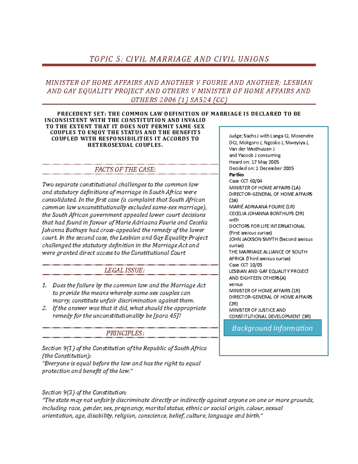 Topic 5 - Fourie Case Summary - TOPIC 5: CIVIL MARRIAGE AND CIVIL ...
