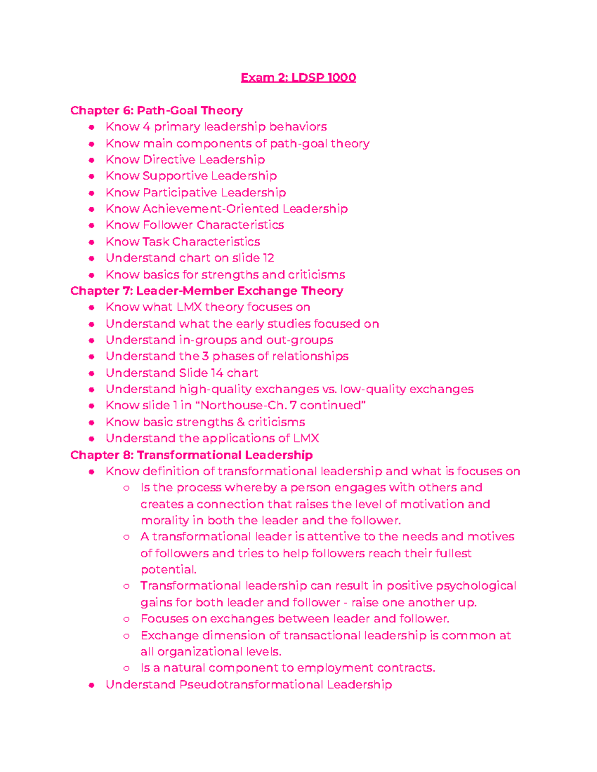 Exam 2 - Rebekah Rogers - Exam 2: LDSP 1000 Chapter 6: Path-Goal Theory ...