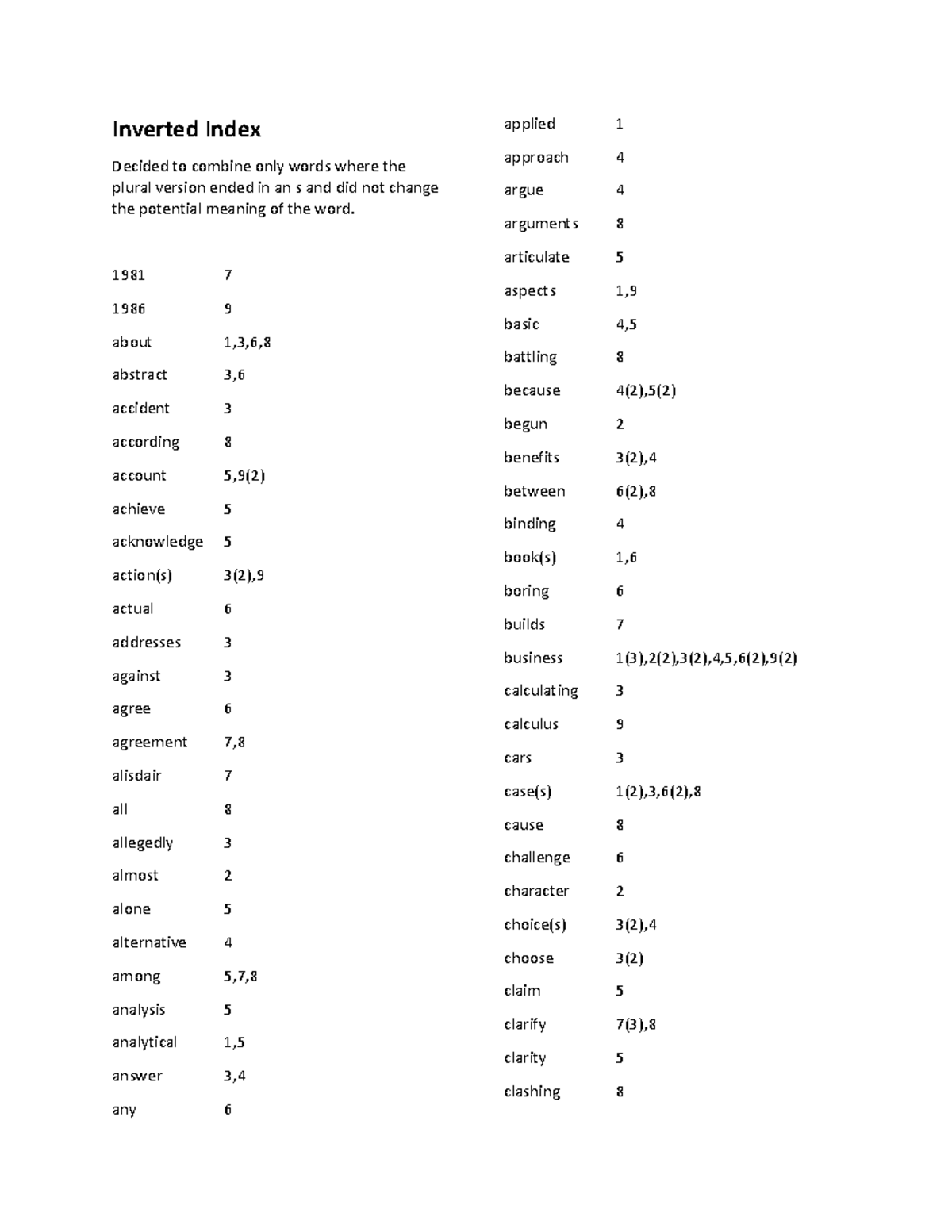 Assessment 4b - Inverted Index project - Inverted Index Decided to combine only words where the ...