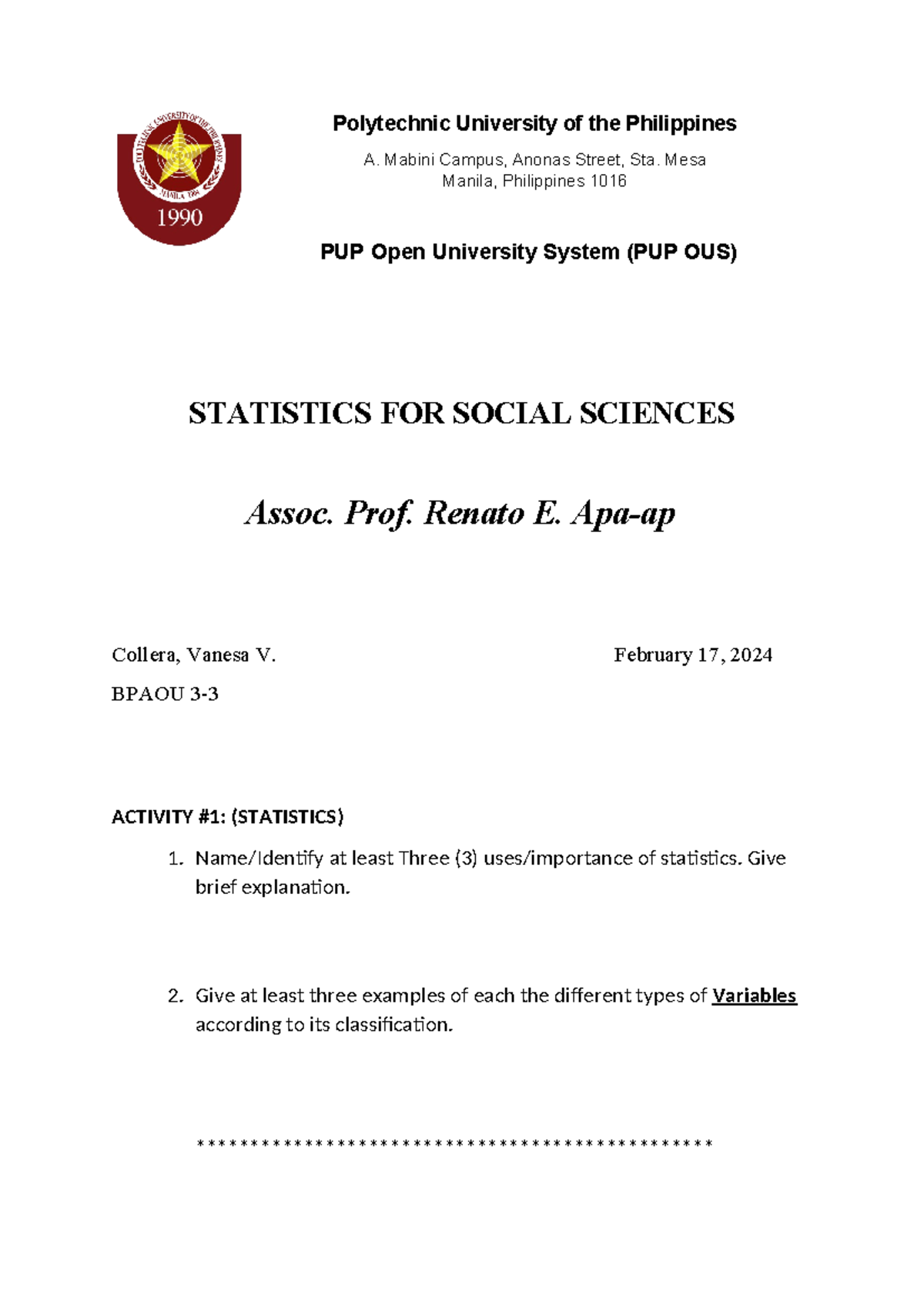 STAT Assignment 1 - Polytechnic University of the Philippines A. Mabini ...