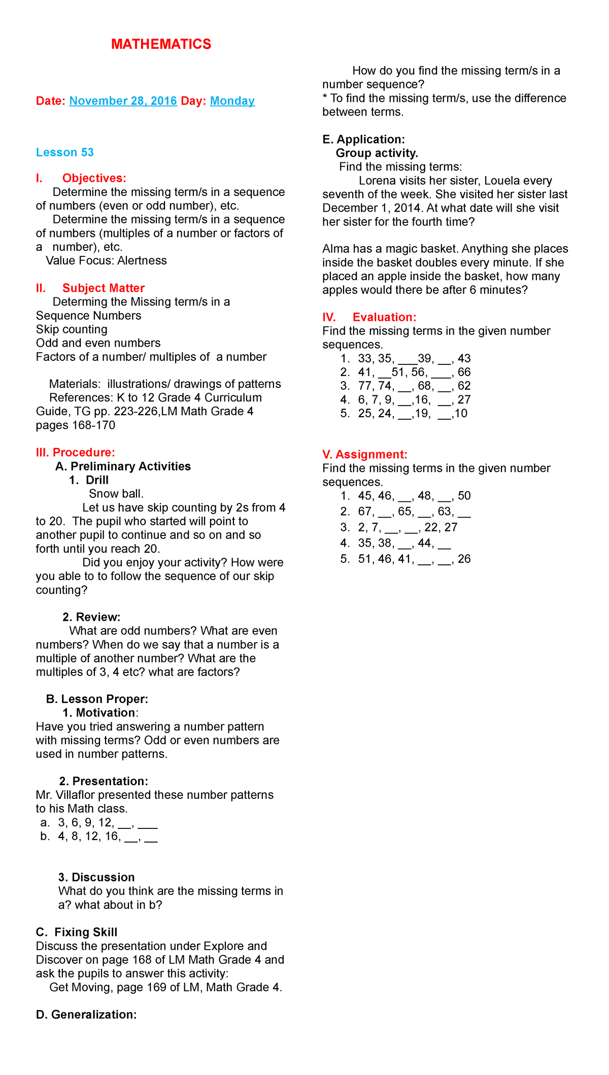 G4 Math LP Lesson 53 - NONE - MATHEMATICS Date: November 28, 2016 Day ...