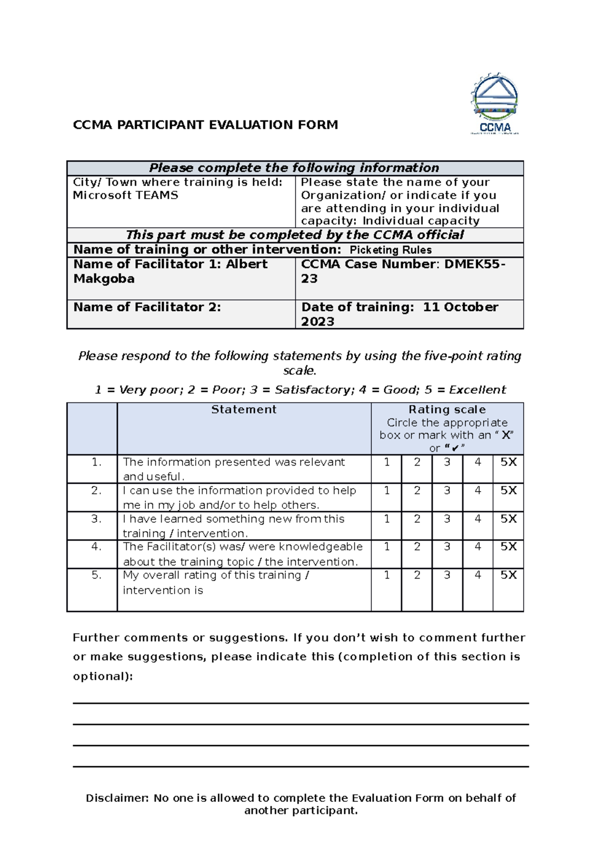 DMEK55-23 - labour - CCMA PARTICIPANT EVALUATION FORM Please complete ...