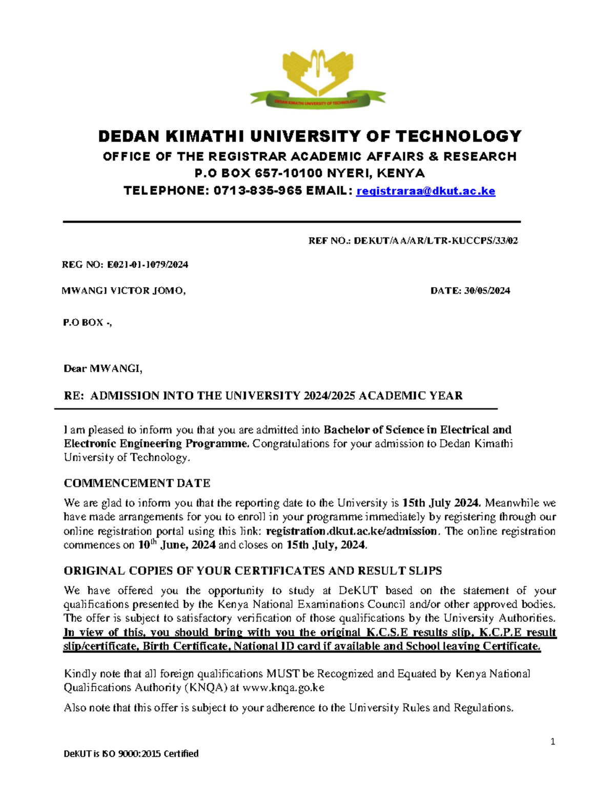 27536119005 2023 - 1 DeKUT is ISO 9000:2015 Certified DEDAN KIMATHI ...