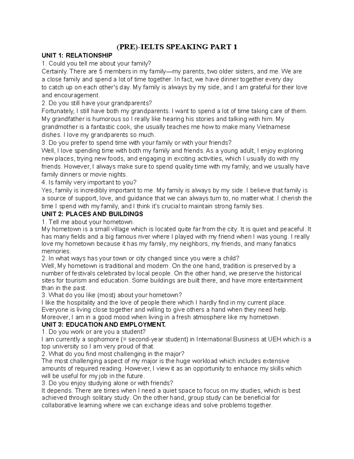 Speaking - ... - (PRE)-IELTS SPEAKING PART 1 UNIT 1: RELATIONSHIP Could ...