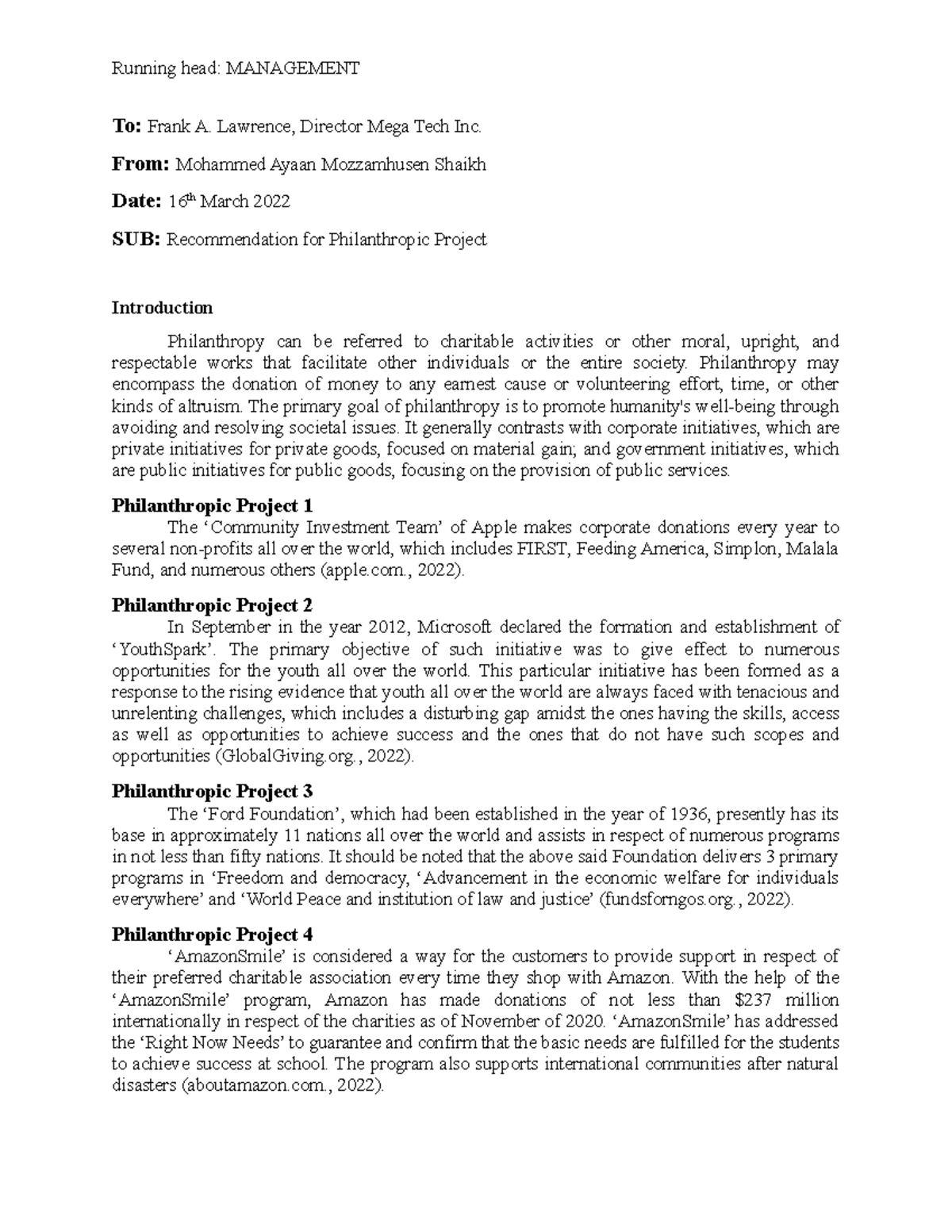 Justification Report - EAC - Running head: MANAGEMENT To: Frank A ...