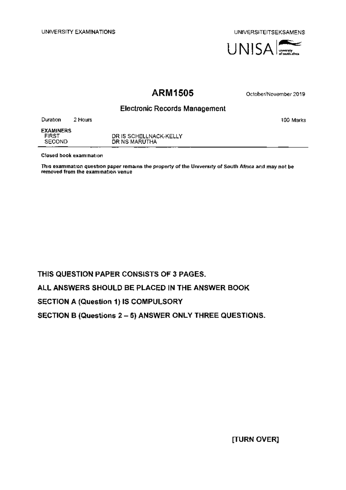 ARM1505-2019-10-E-1 past question paper - ARM1505 - Studocu