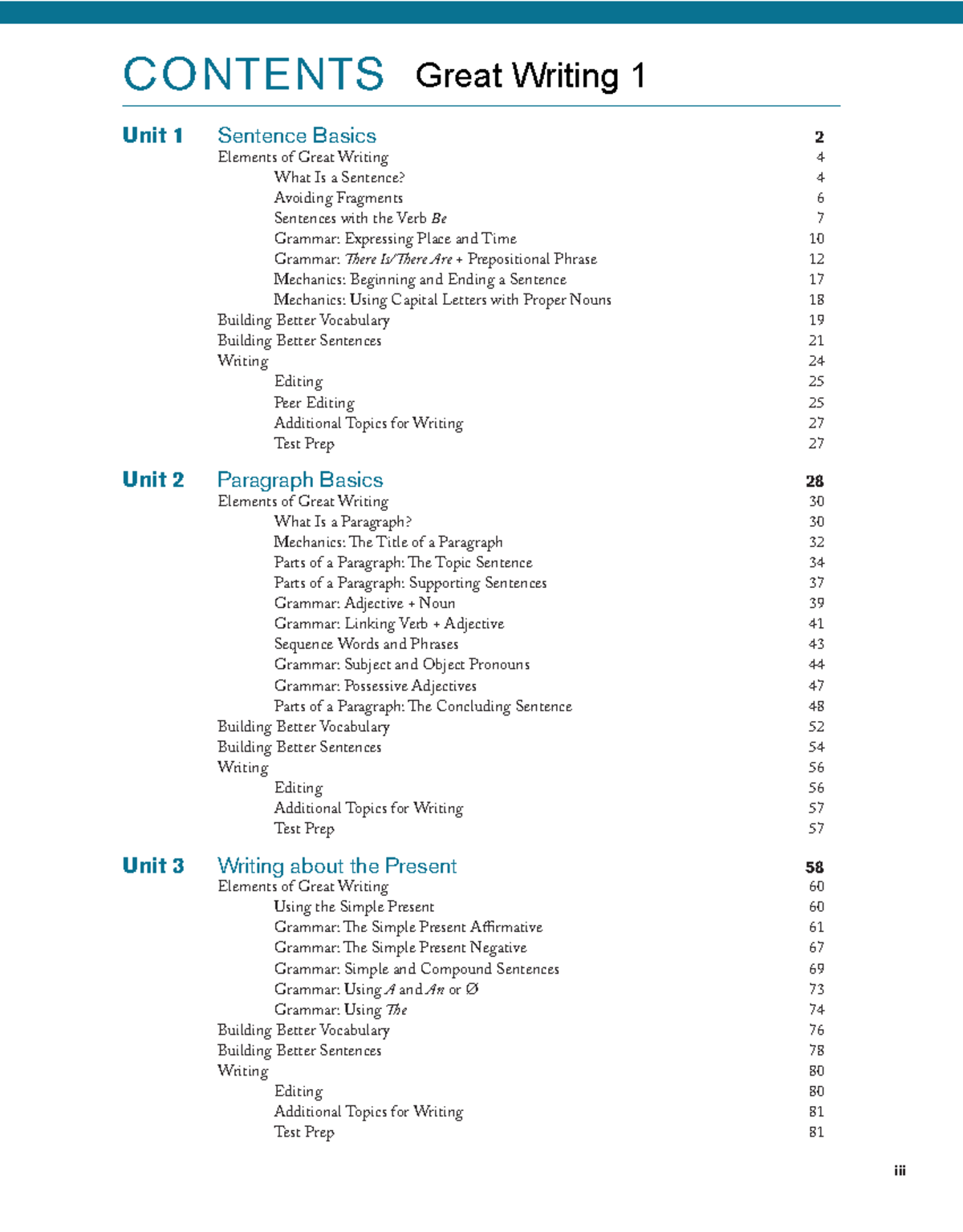 Greatwriting toc 1 - 아잉3 - iii Unit 1 Sentence Basics Elements of Great ...